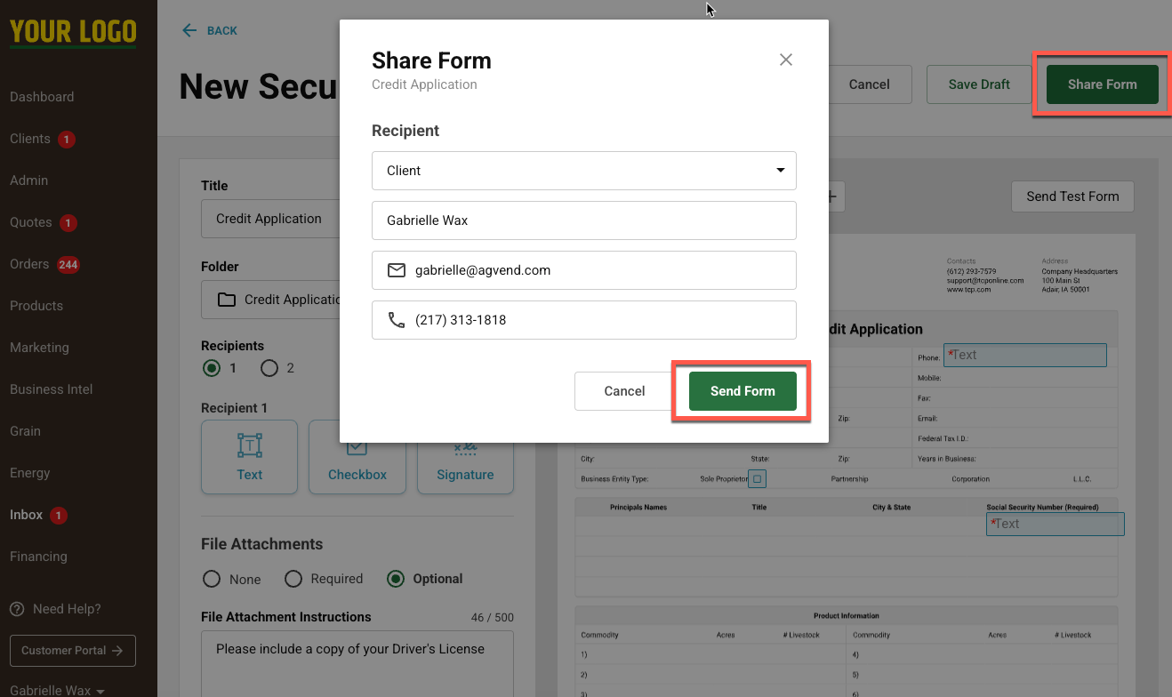 One-to-one sending of Secure Forms – AgVend